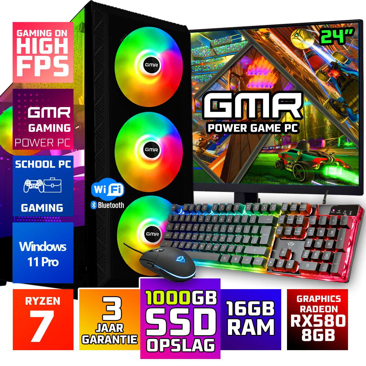 GMR Power Gaming PC SET 24" | Ryzen 7 | 16 GB RAM | 1000 GB SSD | Grap